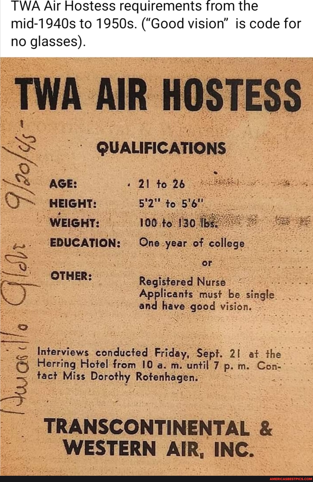 TWA Air Hostess requirements from the mid-1940s to 1950s. ("Good vision ...