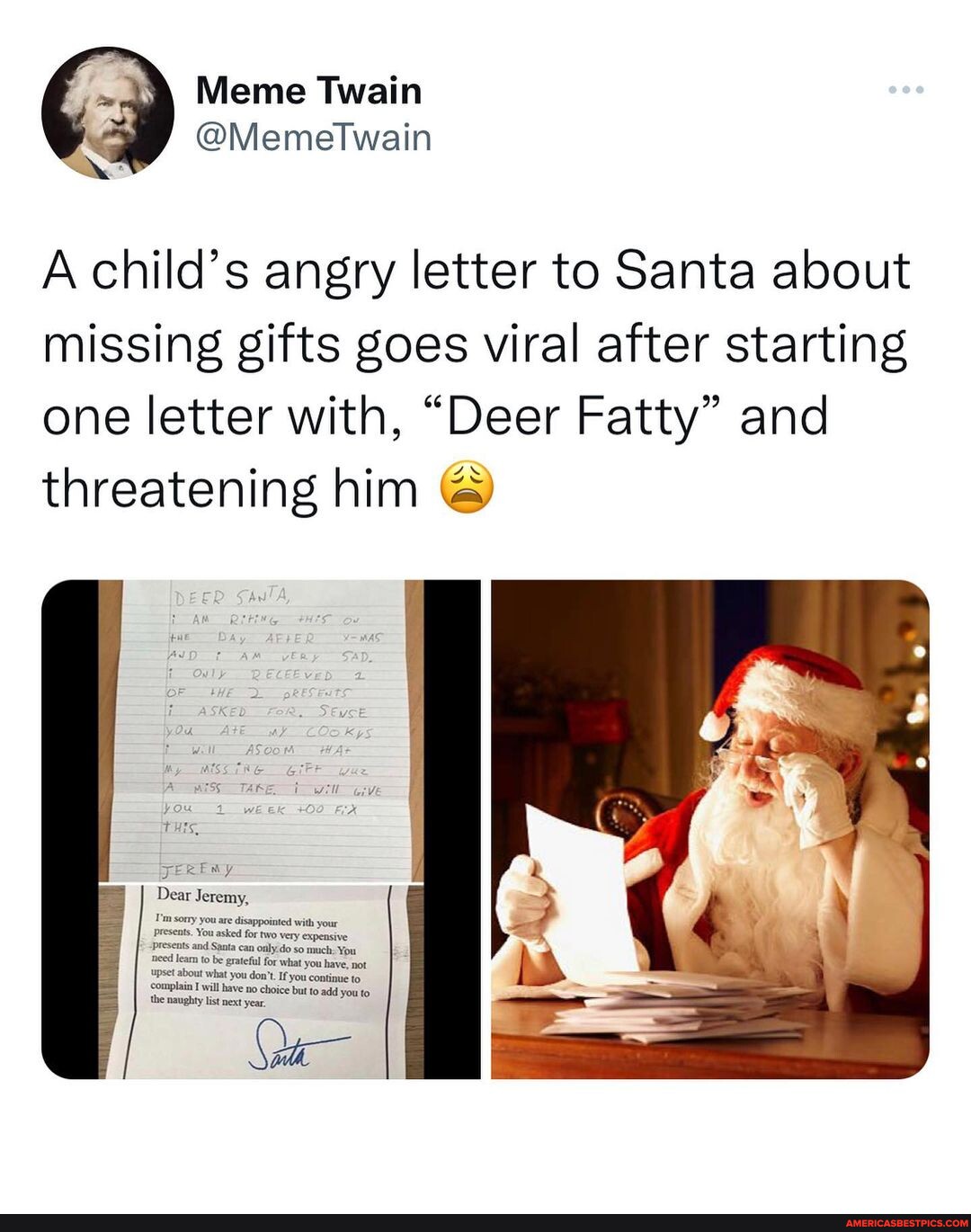 Meme Twain A child's angry letter to Santa about missing gifts goes ...
