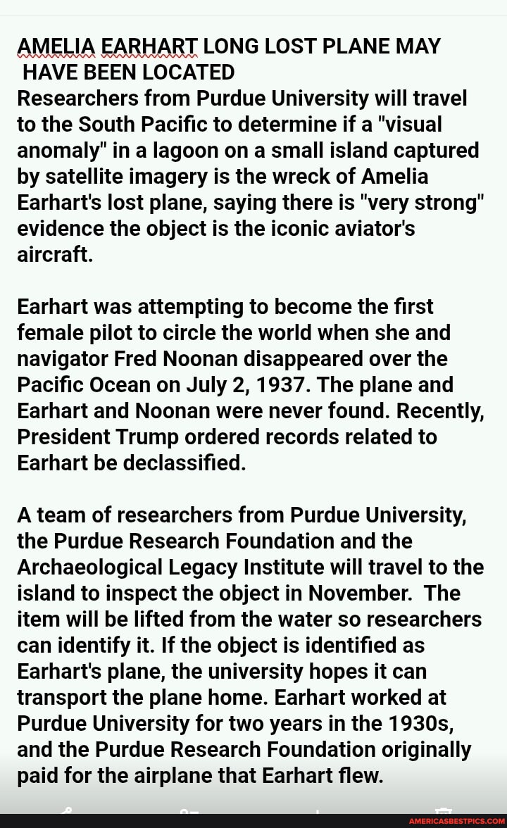 AMELIA EARHART LONG LOST PLANE MAY HAVE BEEN LOCATED Researchers from ...