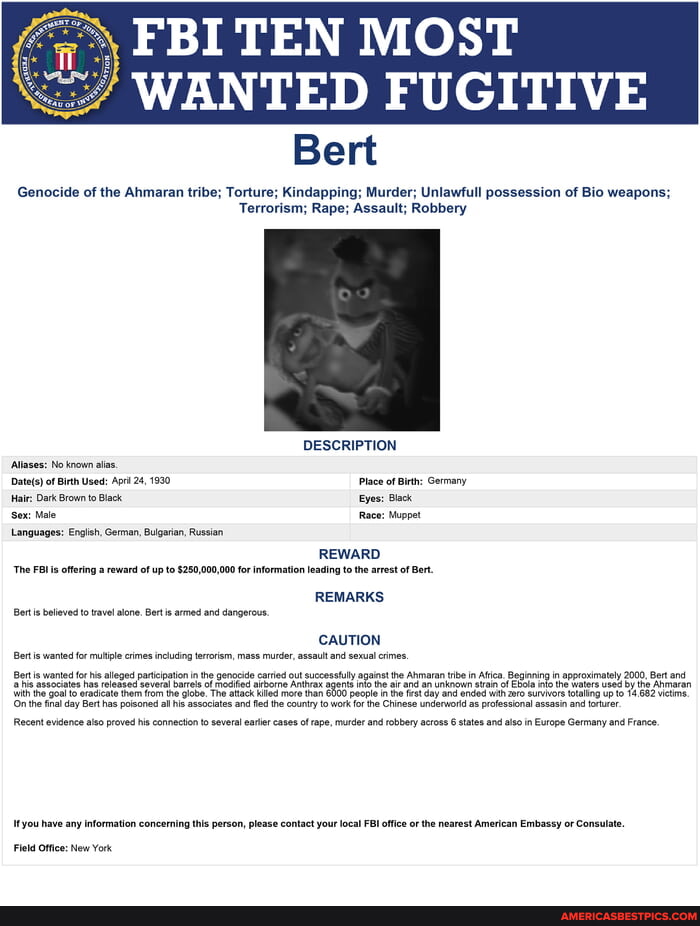 FBI TEN MOST WANTED FUGITIVE Bert Genocide of the Ahmaran tribe ...