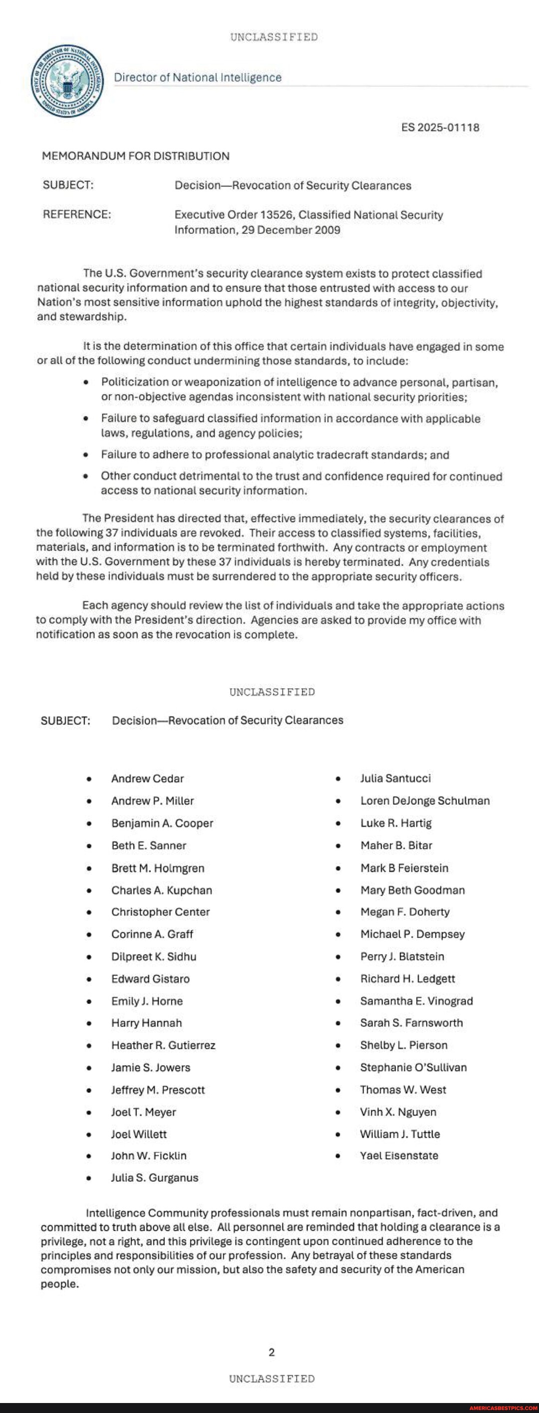 UNCLASSIFIED Director of National Intelligence ES 2025-01118 MEMORANDUM ...