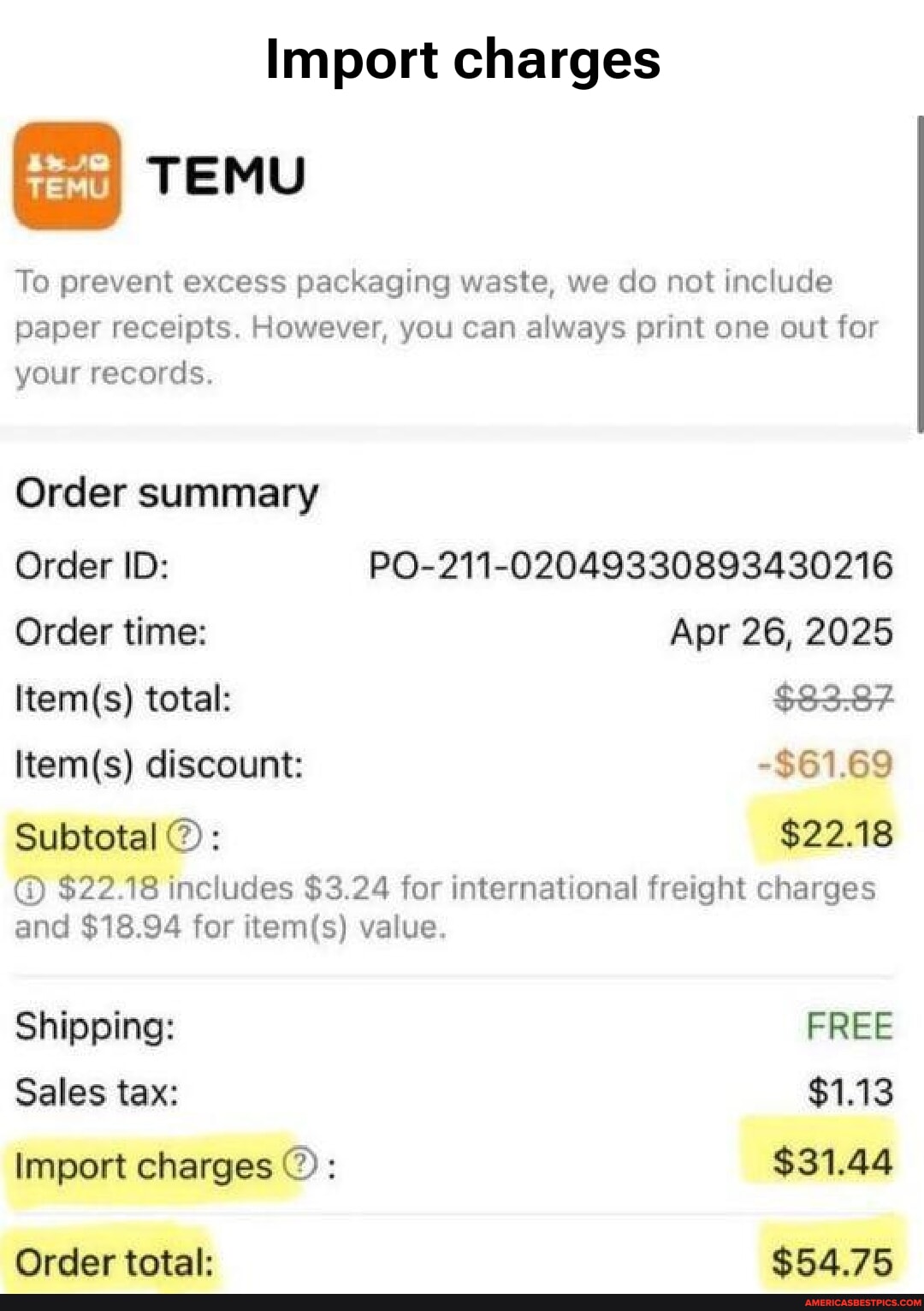 Import charges TEMU To prevent excess packaging waste, we do not ...