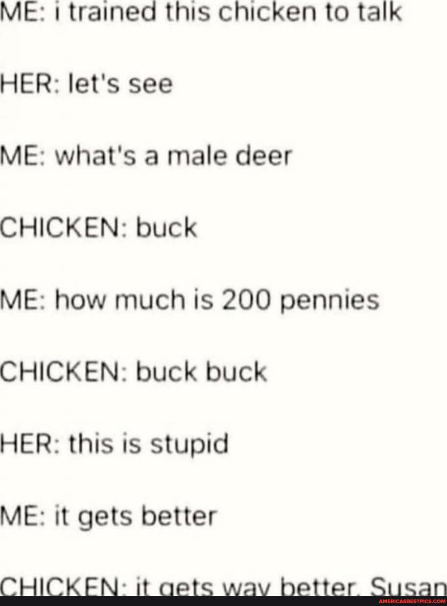 ME: I trained this chicken to talk HER: let's see ME: what's a male ...