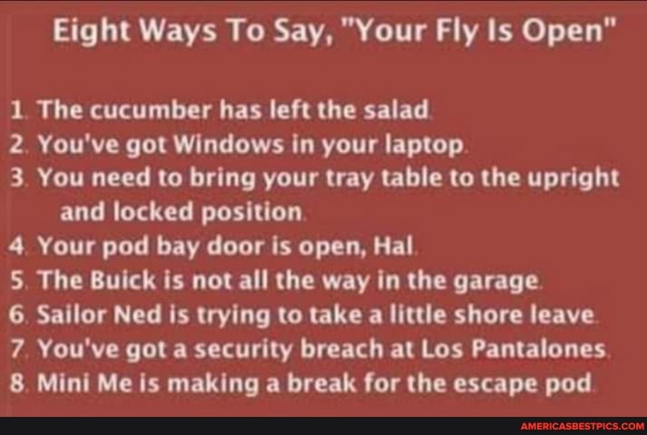 Eight Ways To Say, "Your Fly Is Open" 1 The cucumber has left the salad ...