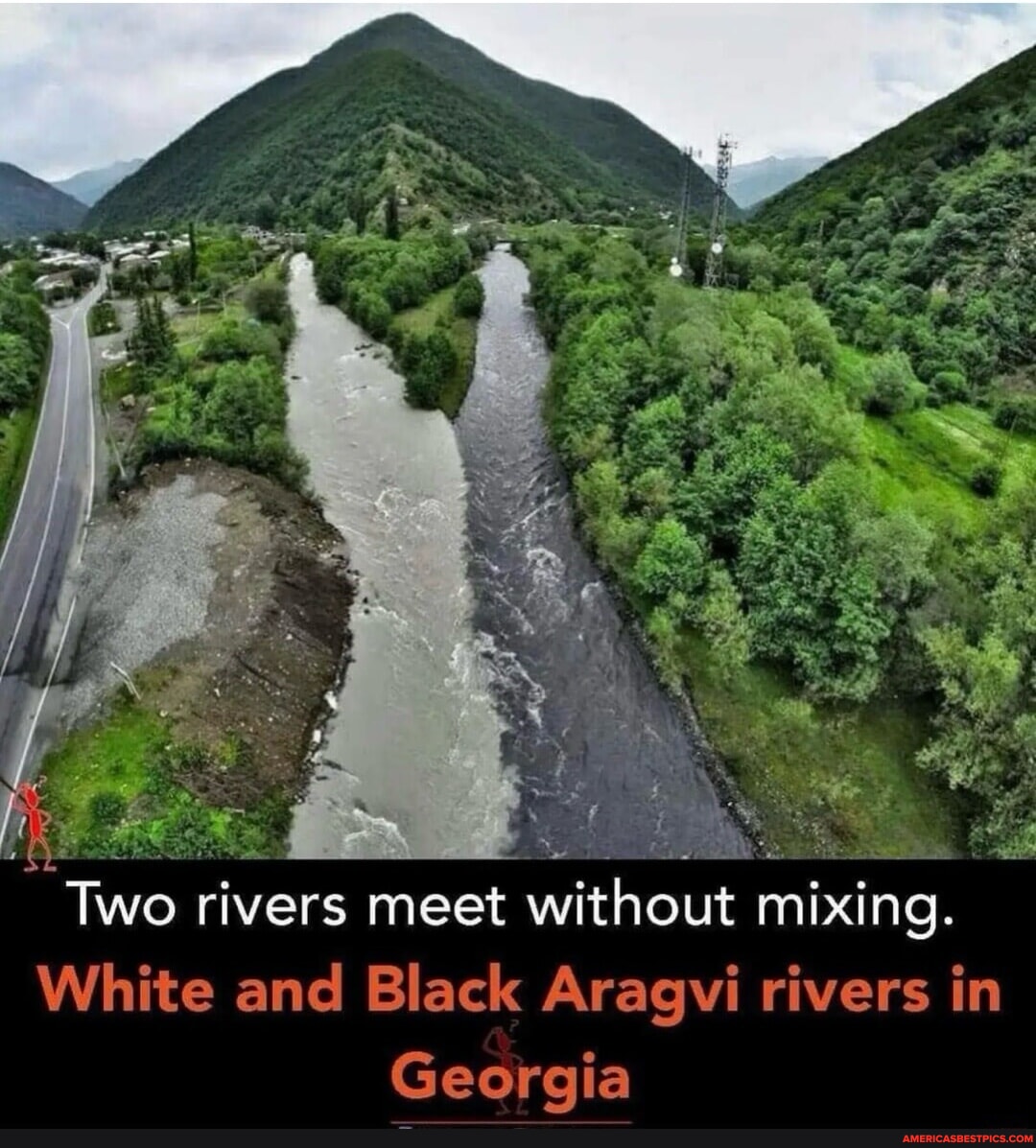Two rivers meet without mixing. White and Black Aragvi rivers in ne ...