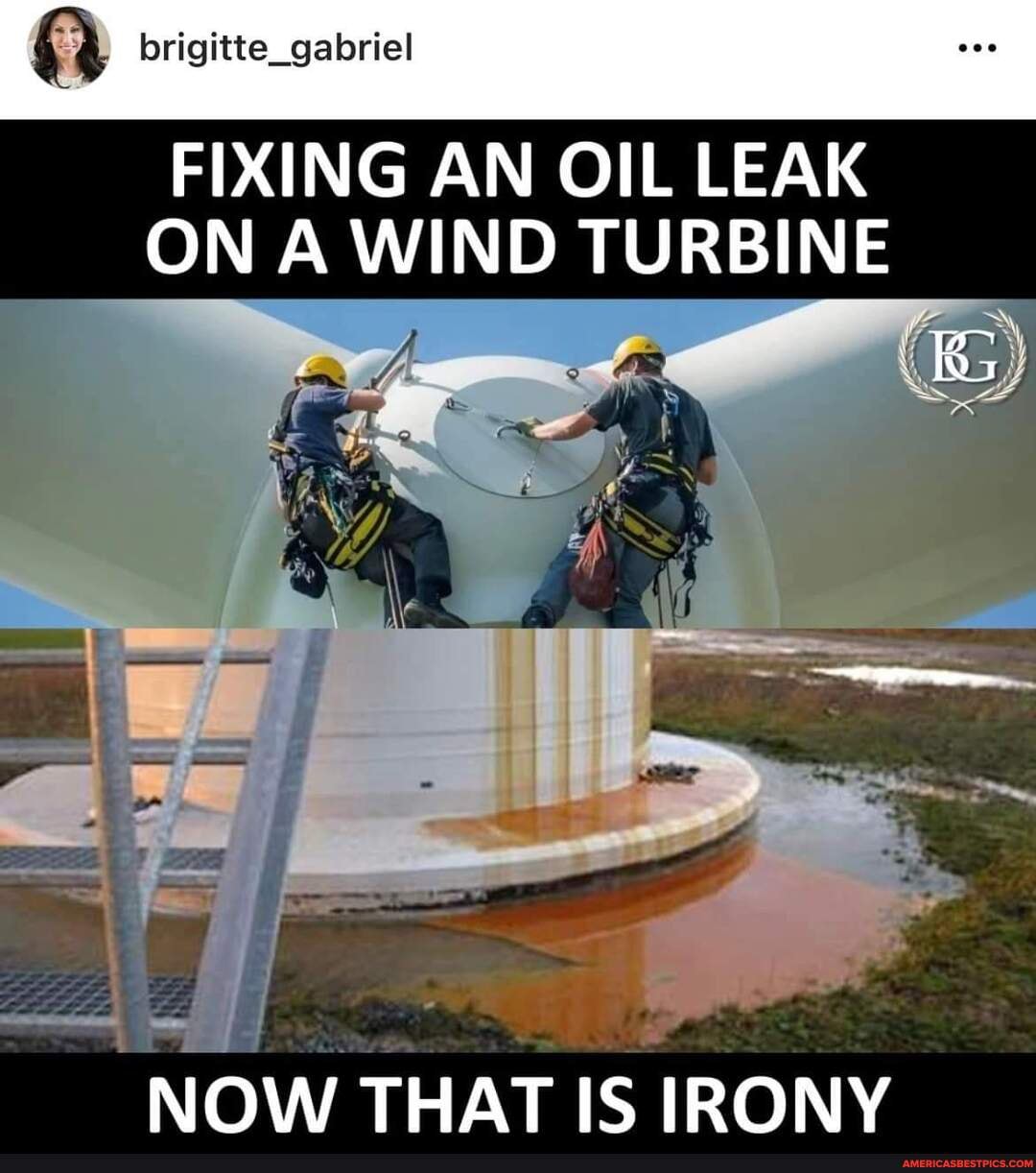 Brigitte_gabriel FIXING AN OIL LEAK ON A WIND TURBINE NOW THAT IS IRONY ...