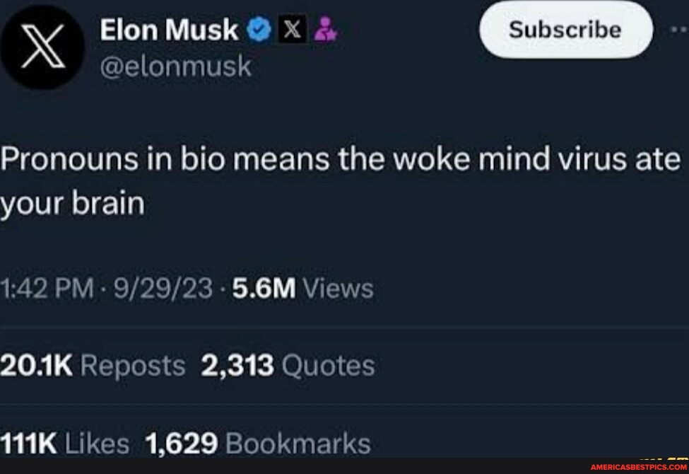 Elon Musk @ & Pronouns in bio means the woke mind virus ate your brain ...