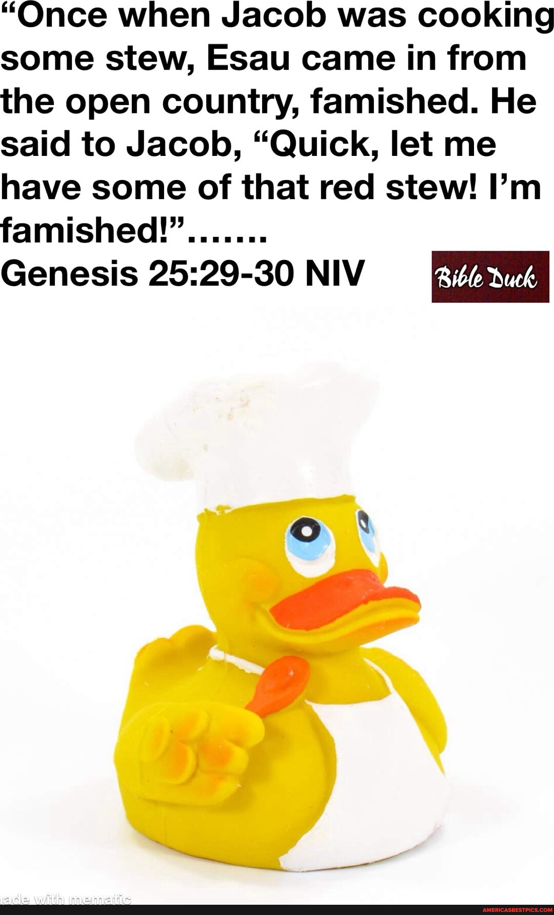 "Once when Jacob was cooking some stew, Esau came in from the open ...