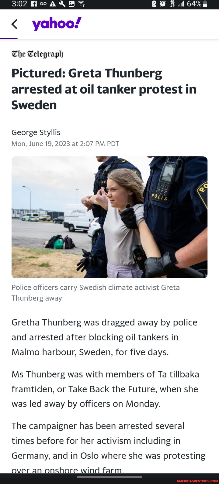 Yahoo/ The Teleqraph Pictured: Greta Thunberg arrested at oil tanker ...